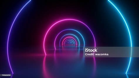3d 渲染 霓虹燈抽象背景 圓形門戶 戒指 圓圈 虛擬實境 紫外線光譜 鐳射顯示 時尚講臺 舞臺 地板反射 照片檔及更多 霓虹燈 照片