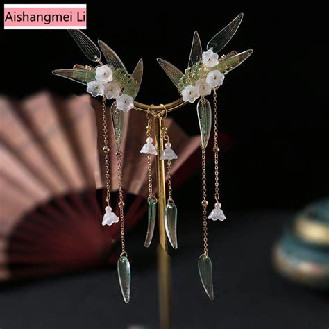 Aishang Trang Sức Đẹp Trâm Cài Tóc Lá Tre Tráng Men Phối Tua Rua