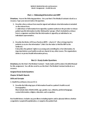 MOA115 WK2 Lab MOA115 Medical Records And Insurance Week 2 Lab ICD