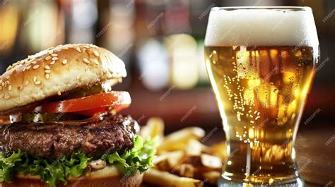 Premium Photo Beef Burger With Beer Glass In A Restaurant