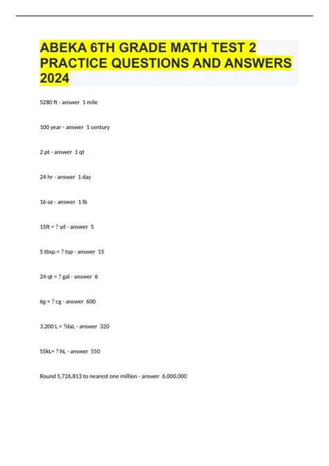 Abeka 6th Grade Math Test 2 Practice Questions And Answers 2024 Abeka Math Stuvia Us