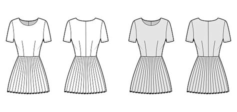 드레스 주름 테크니컬 패션 일러스트와 반소매 몸에 맞는 미니 길이 스커트 플랫 의류 전면 0명에 대한 스톡 벡터 아트 및 기타 이미지 Istock