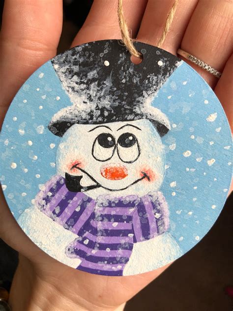 Wood Slice Ornament Hand Painted Snowman Ornament Wood Slice