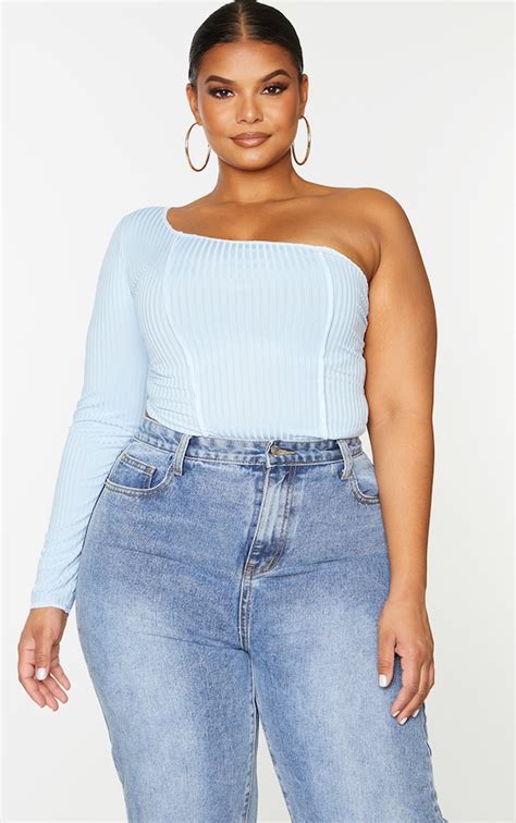 Plus Dusty Blue One Sleeve Top Plus Size Prettylittlething
