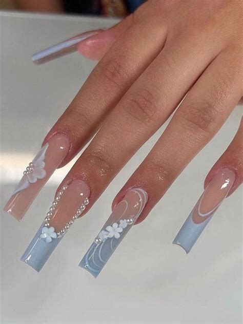 24pcs Press On Nails Long Square Fake Nails French Tip Acrylic Nails 3d