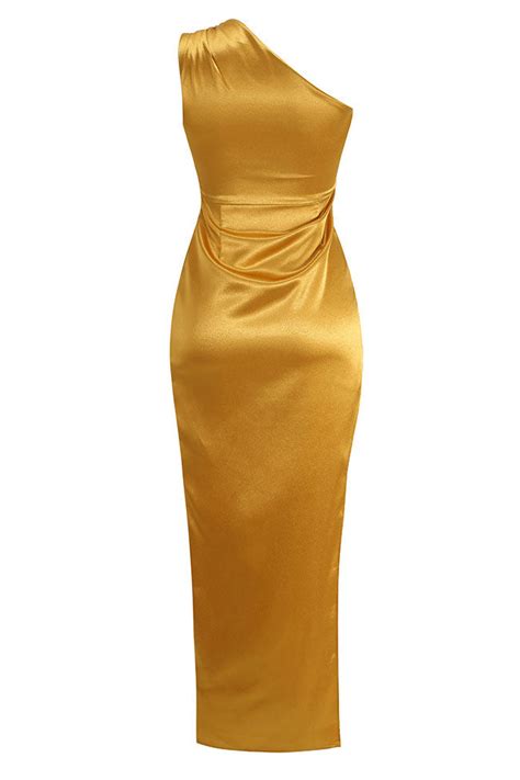 Silky Satin Pleated One Shoulder High Slit Midi Evening Dress Gold