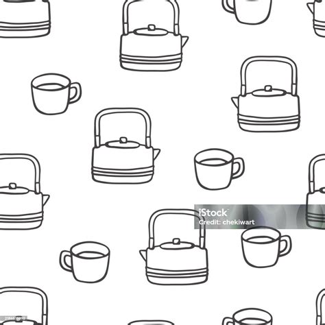 손으로 그린 스케치 스타일의 찻 주전자와 컵 완벽 한 패턴 0명에 대한 스톡 벡터 아트 및 기타 이미지 0명 고립 색상 낙서 드로잉 Istock