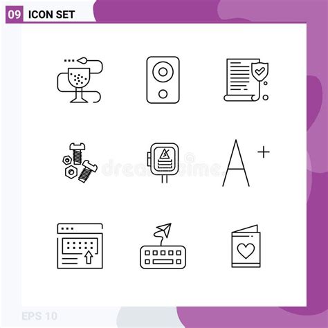 Set Of 9 Vector Outlines On Grid For Voltage Screw Hardware Nut Policy Stock Vector