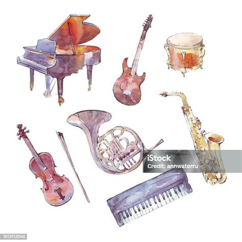 악기 수채화 세트 수채화에 대한 스톡 벡터 아트 및 기타 이미지 수채화 악기 바이올린 Istock