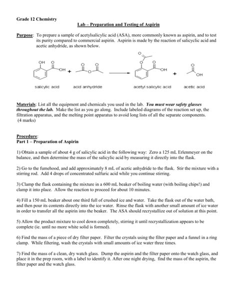Aspirin Synthesis Purity Lab Grade 12 Chemistry