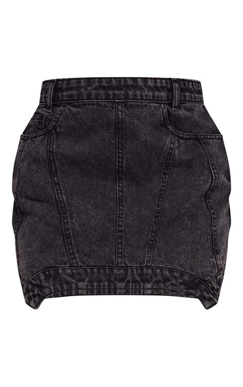 Washed Black Seam Asymmetric Denim Mini Skirt Denim Prettylittlething