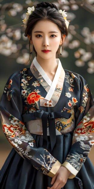 Portrait Of A Young Woman In Traditional Korean Hanbok Dress Premium