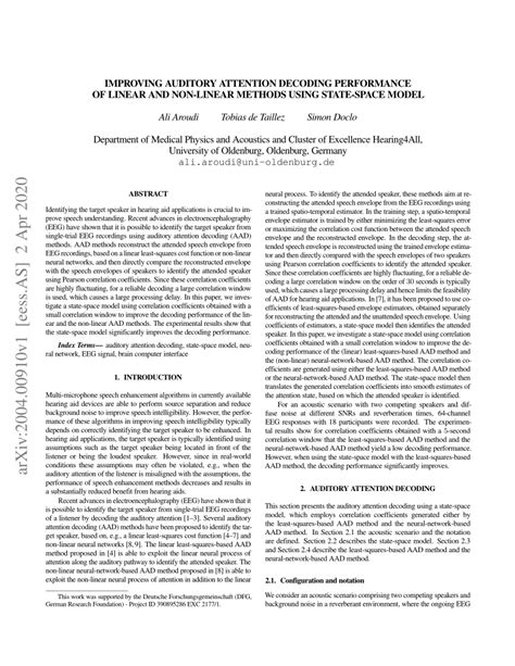 PDF Improving Auditory Attention Decoding Performance Of Linear And Non Linear Methods Using