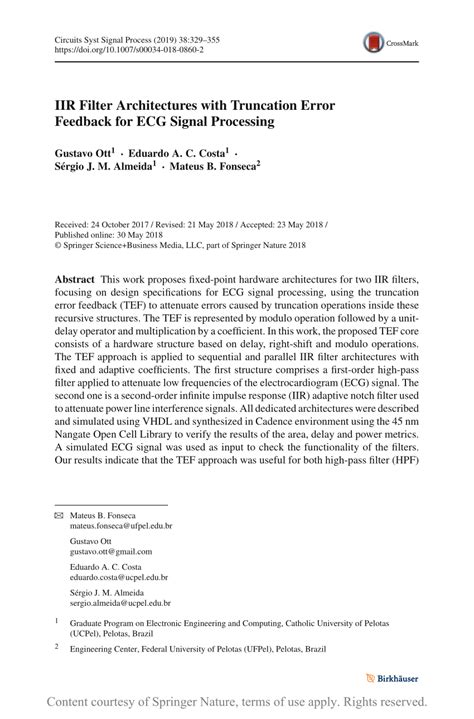 Iir Filter Architectures With Truncation Error Feedback For Ecg Signal Processing Request Pdf