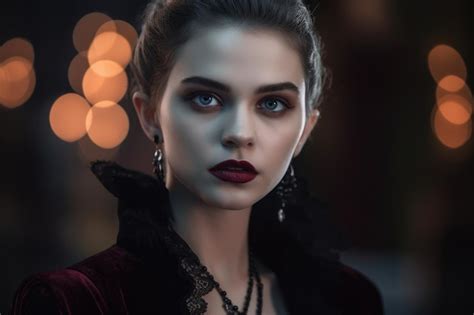 Premium Ai Image A Woman With Dark Makeup And Red Lipstick Stands In