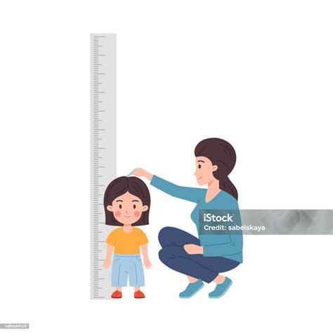 어머니는 벽 스티커에 딸의 키를 측정하고 흰색 배경에 분리된 평면 벡터 그림을 그린다 개념에 대한 스톡 벡터 아트 및 기타
