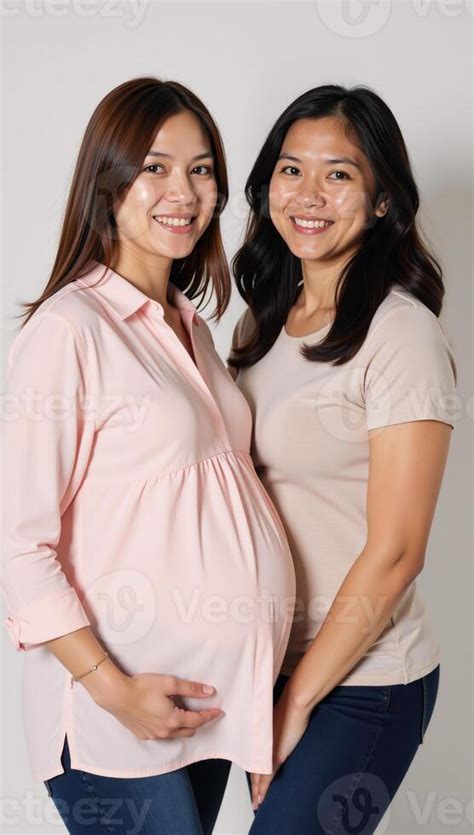 Two Pregnant Women Stand Together One Wears Pink Clothing 51679703