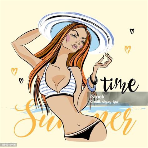 해변에서 수영복과 모자를 쓴 소녀 여름 시간입니다 비문 섹시한 여성에 대한 스톡 벡터 아트 및 기타 이미지 섹시한 여성