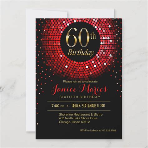 Glitz Bling Confetti 60th Birthday Red Gold Black Invitation Zazzle