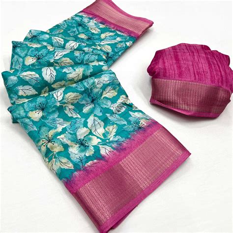 Blue Floral Printed Dola Silk Saree With Woven Border