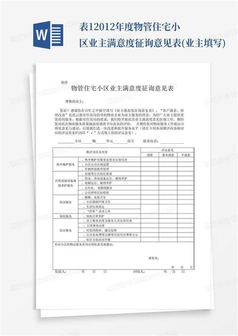 表1 2012年度物管住宅小区业主满意度征询意见表业主填写word模板下载编号qgevmwmk熊猫办公