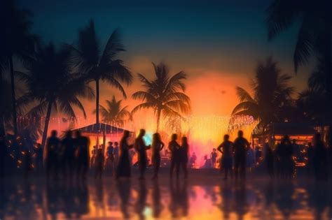 Premium Ai Image Party Beach Blurred People Having Night Beach Party