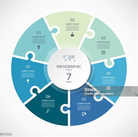 벡터 인포그래픽 퍼즐 원형 템플릿 7 개의 부품 옵션으로 다이어그램을 순환합니다 차트 그래프 보고서 프레젠테이션 웹 디자인에 사용할 수 있습니다 7에 대한 스톡 벡터 아트