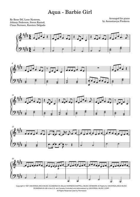 Barbie Girl Arr Annastasiya Pieskova By Aqua Sheet Music For Easy