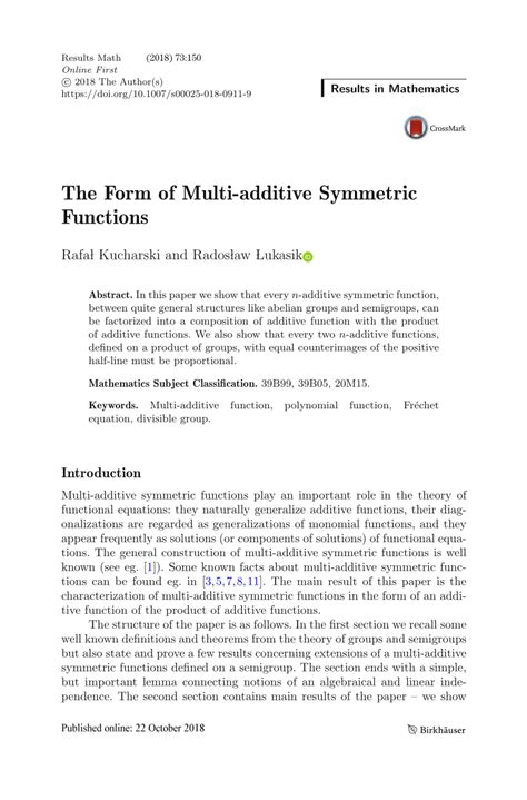 Pdf The Form Of Multi Additive Symmetric Functions