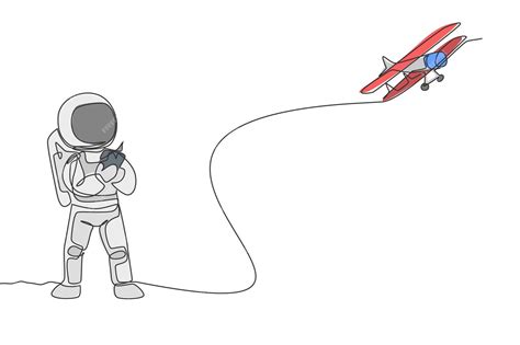 Premium Vector One Single Line Drawing Astronaut Playing Airplane Radio Control In Moon Vector