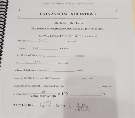 Data Analysis And Questions Data Table 1 Red Laser