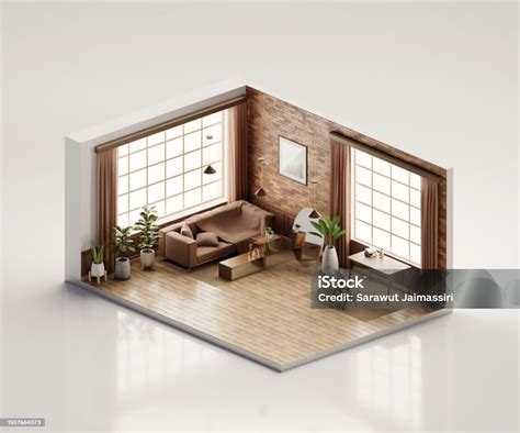 아이소메트릭 뷰 거실 무지 스타일 오픈 내부 인테리어 아키텍처 3d 렌더링 디지털 아트 실내에 대한 스톡 사진 및 기타 이미지