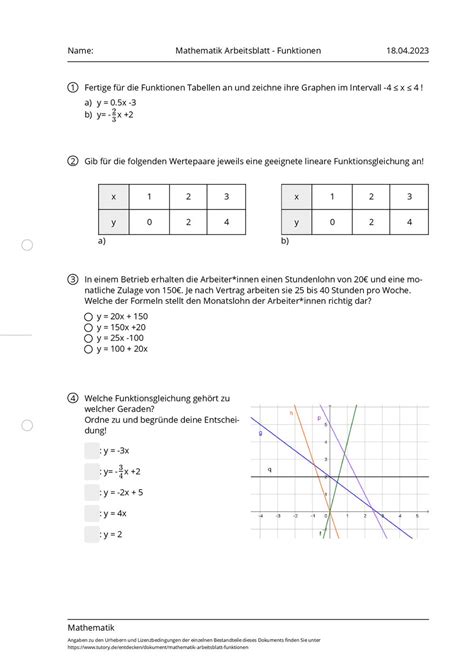 Arbeitsblatt Mathematik Arbeitsblatt Funktionen Mathematik