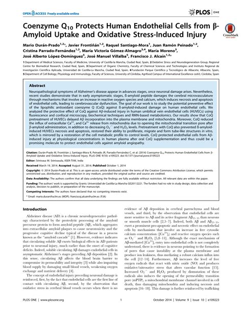 Pdf Coenzyme Q10 Protects Human Endothelial Cells From β Amyloid