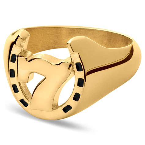 Ace Anello Con Sigillo Color Oro Con Lucky 7 E Ferro Di Cavallo