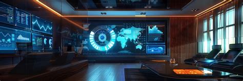 Modern Control Room with Global Data Visualization This image shows a ...