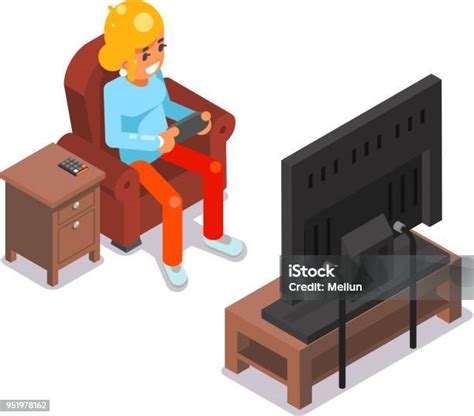 게이머 소녀 Tv 보고 게임 재생 앉아 안락의 자 만화 아이소메트릭 문자 플랫 디자인 벡터 일러스트 레이 션 가상현실에 대한