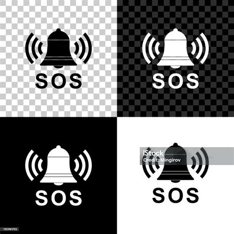 報警鐘和 Sos 字母圖示隔離在黑色 白色和透明的背景警鐘 説明指示牌緊急求救按鈕向量插圖向量圖形及更多sos圖片 Sos 伸出援手