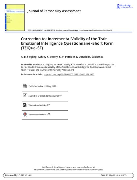 Pdf Incremental Validity Of The Trait Emotional Intelligence