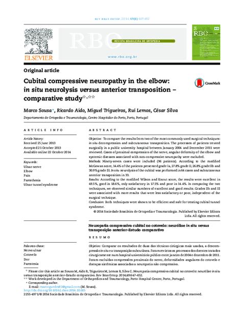 Pdf Cubital Compressive Neuropathy In The Elbow In Situ Neurolysis