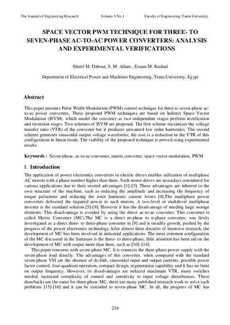 Pdf Space Vector Pwm Technique For Three To Seven Phase Ac To Ac