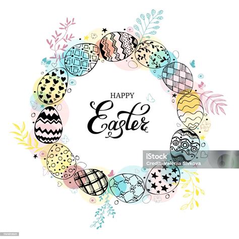 부활절 달걀과 텍스트 행복 부활절 손으로 라운드 프레임 흰색 바탕에 검은 색 그려진 계란에서 장식 동그라미 화려한 나뭇잎 나비와