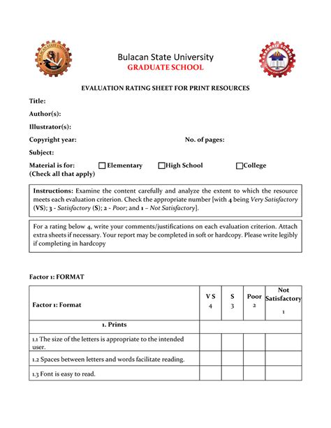 Evaluation Rating Sheet For Print Resources Bulacan State University