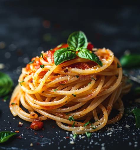 Close Up Of Spaghetti In Marinara Sauce With Fresh Basil On A Dark