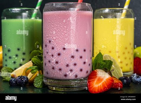 Set Of Three Colorful Summer Bubble Tea Bright Creamy Pearl Tea Or