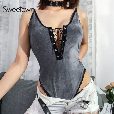 Sweetown Edge Lace Patchwork Spaghetti Strap Bodysuit Gray Velvet One