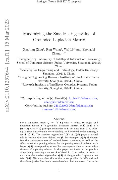 Pdf Maximizing The Smallest Eigenvalue Of Grounded Laplacian Matrix