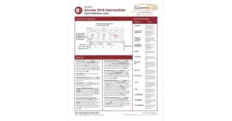 Microsoft Access 2016 Intermediate Free Quick Reference Card Free Guide