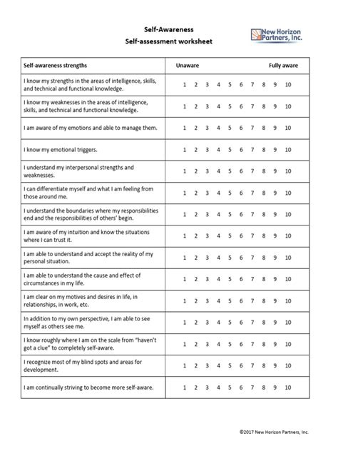 Self Awareness Assessment Pdf Self Awareness Cognitive Science
