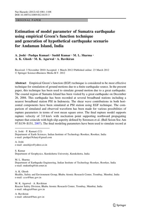 Pdf Estimation Of Model Parameter Of Sumatra Earthquake Using